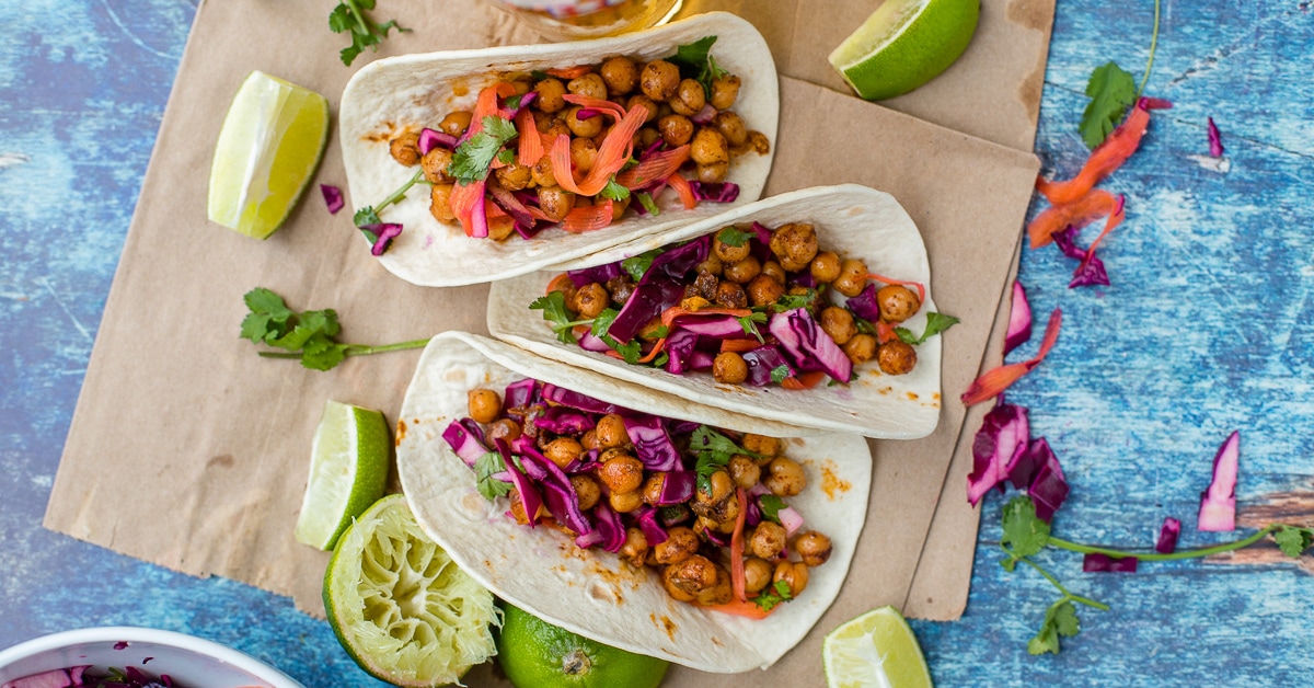 Crispy Chickpea Tacos with Sunset Slaw - Nourish and Fete