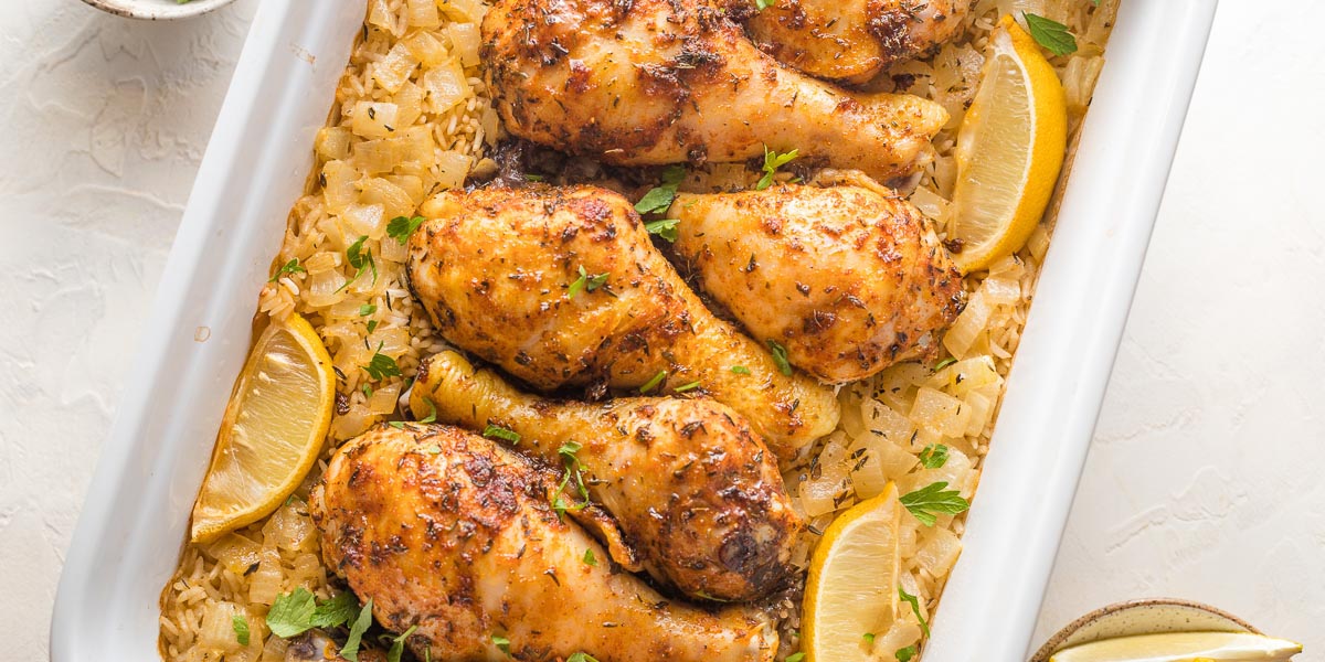 Baked Chicken Legs and Rice - Nourish and Fete