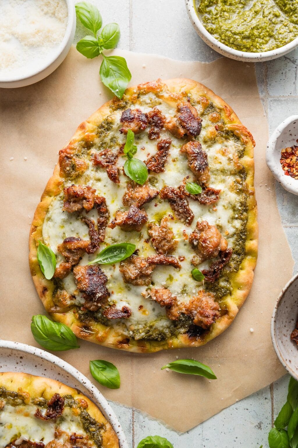 Pesto Sausage Flatbread (20 minute meal!) - Nourish and Fete